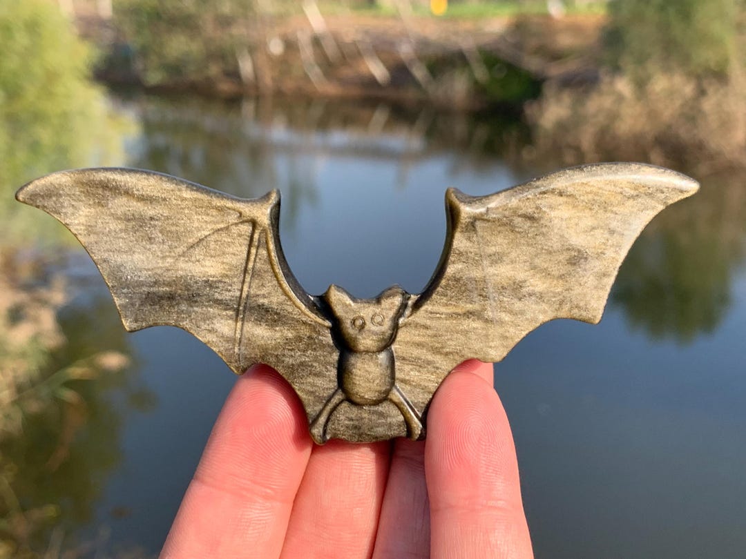 Hand Carved Gold Obsidian Quartz Crystal Bat: Home Decor Gift (4.5 ...