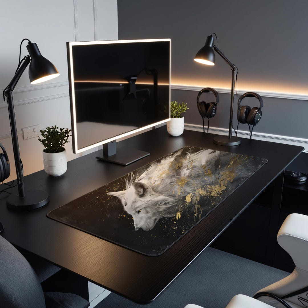 Wolf Mousepad White Wolf Playmat XXL Deskmat LED Black and White Gaming ...