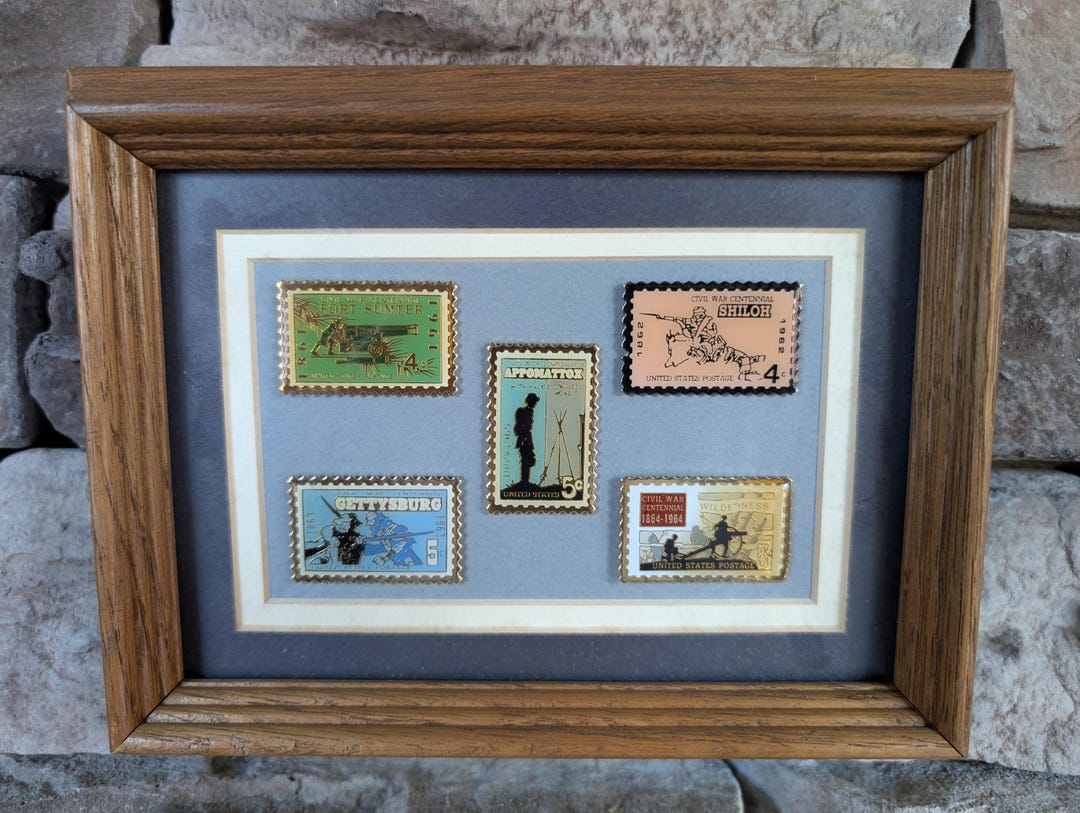 Vintage USPS Civil War Centennial Stamp Enamel Pin Set of 5 in a Wood ...