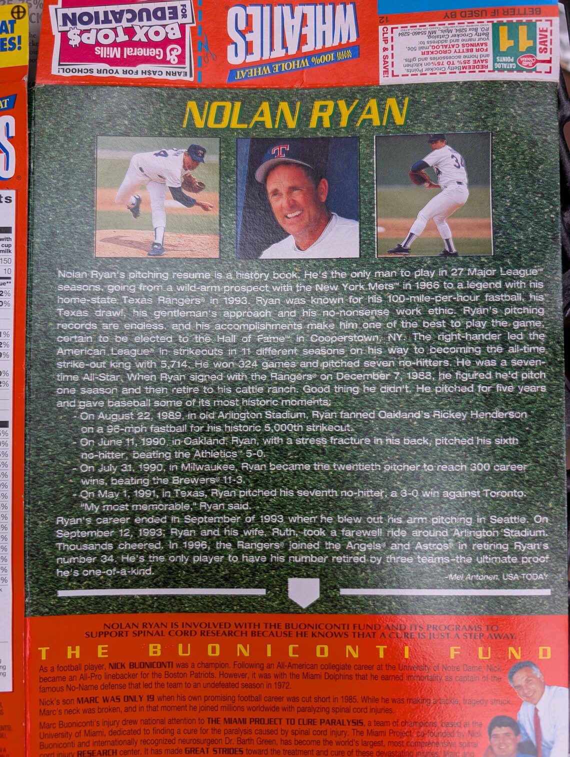 Vintage 1990s Nolan Ryan Texas Rangers Wheaties Cereal Box With Hall of ...