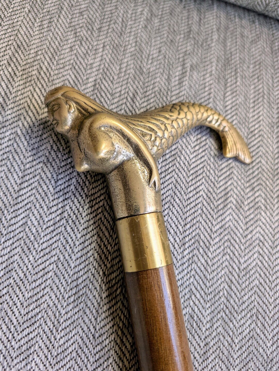 Vintage Brass Handle Mermaid Walking Stick Cane With a Hidden Flask ...