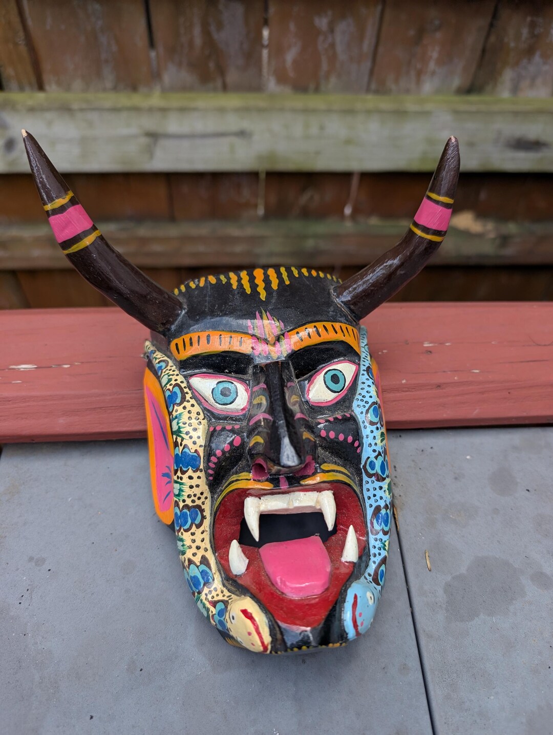 Mexican Folk Art Spectacular Carved & Lacquered Devil Mask With Snakes ...