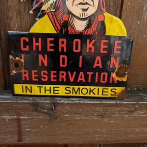 Vintage 1950s Cherokee Indian Reservation in the Smokies Porcelain Sign ...