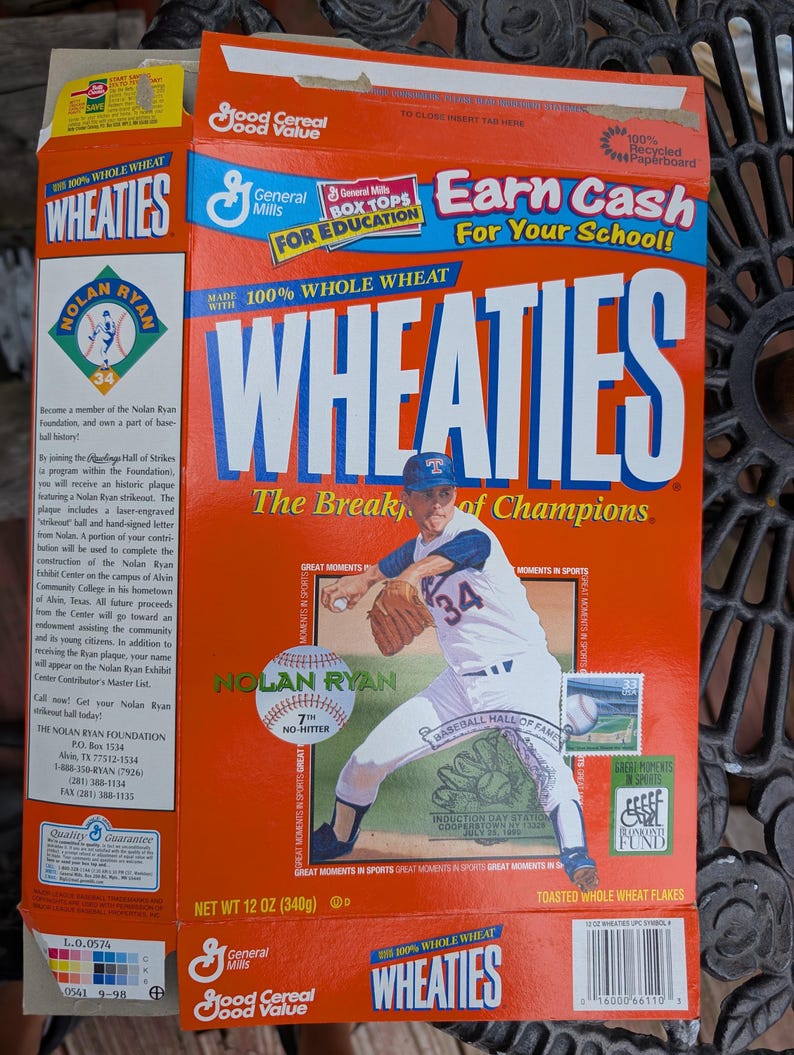 Vintage 1990s Nolan Ryan Texas Rangers Wheaties Cereal Box With Hall of ...