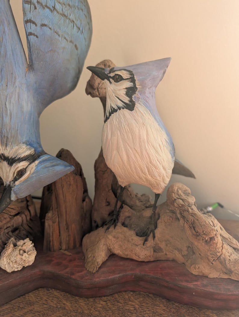 Vintage Hand Carved Blue Jays on Drift Wood Statue by Artist Anne and ...