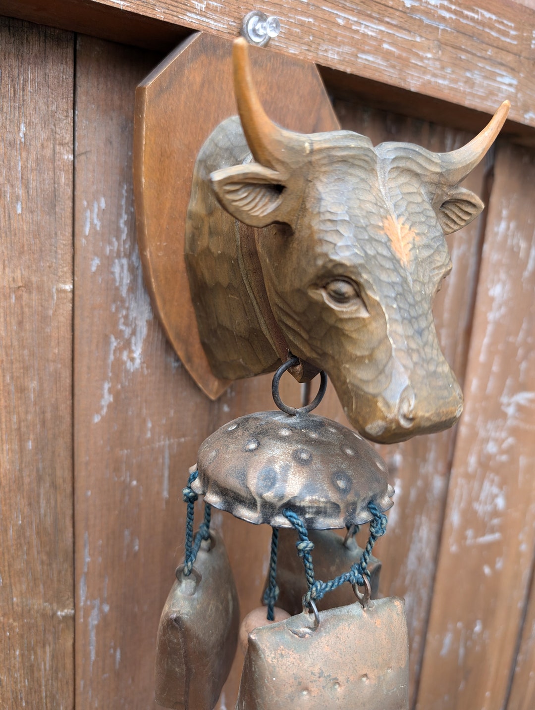 Vintage Hand Carved Wood Bull Cow Bell / Wind Chime. - Etsy