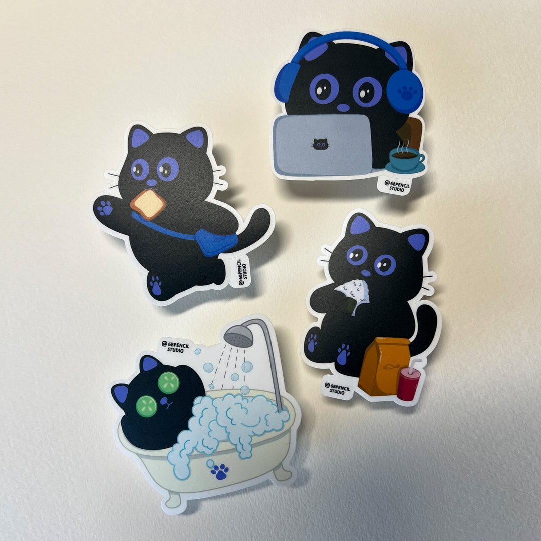 Busy Work Day Black Cat Sticker Pack – Laptop, Bath, Lunch, Handmade ...