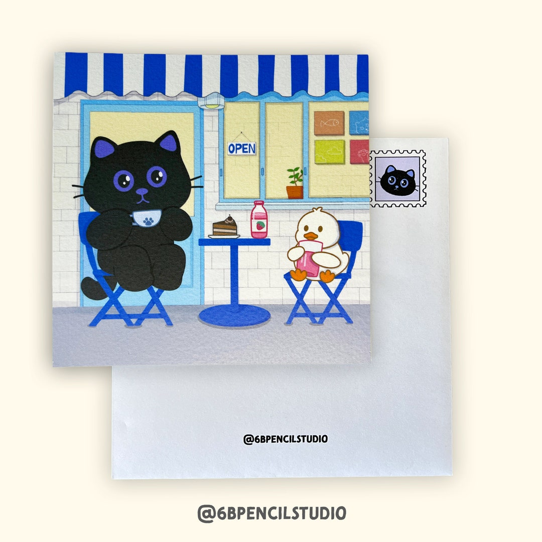 Cute Black Cat Afternoon Tea Time Art Print - 5'' X 5'' | Cute Wall Art ...