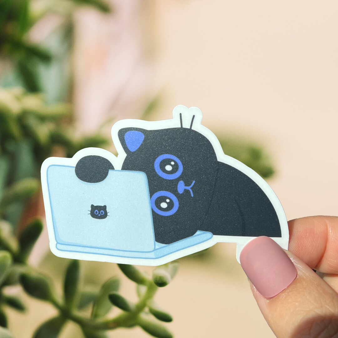 Adorable Black Cat Laptop Sticker - Cute Working Kitty Sticker for ...