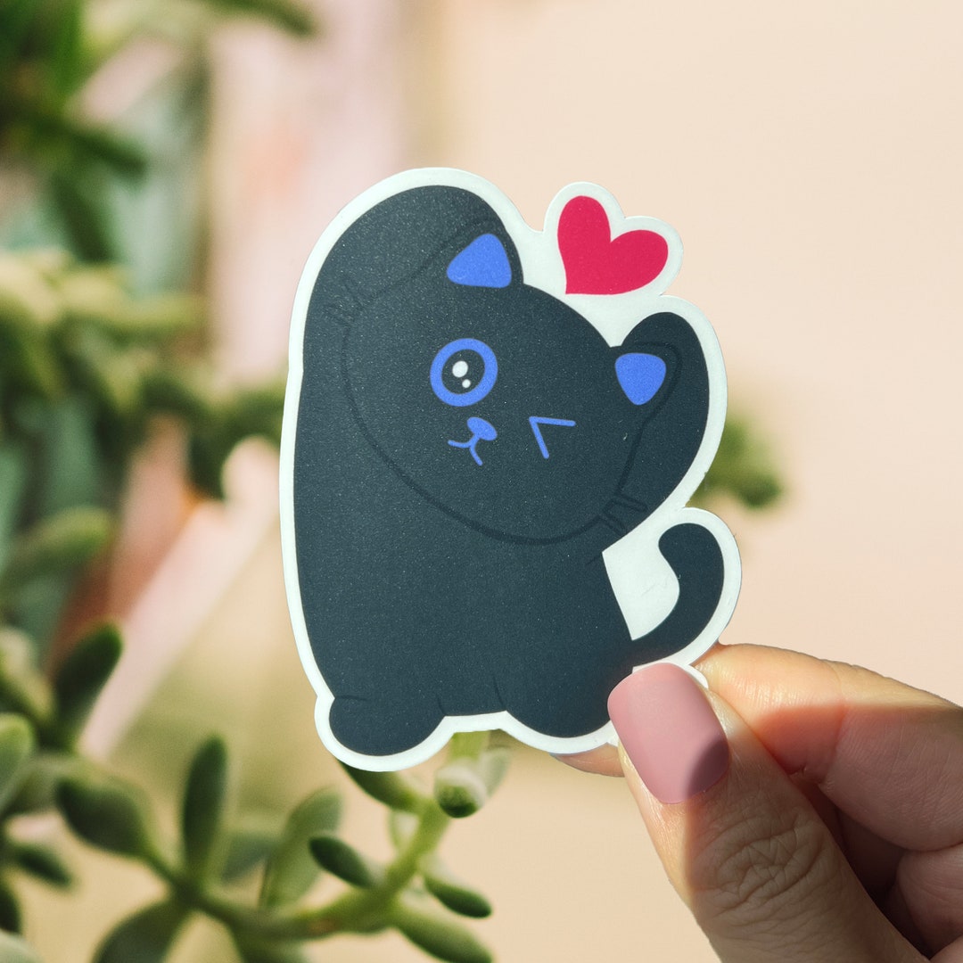 Adorable Winking Cat Sticker – Cute Black Cat With Heart for Laptops ...