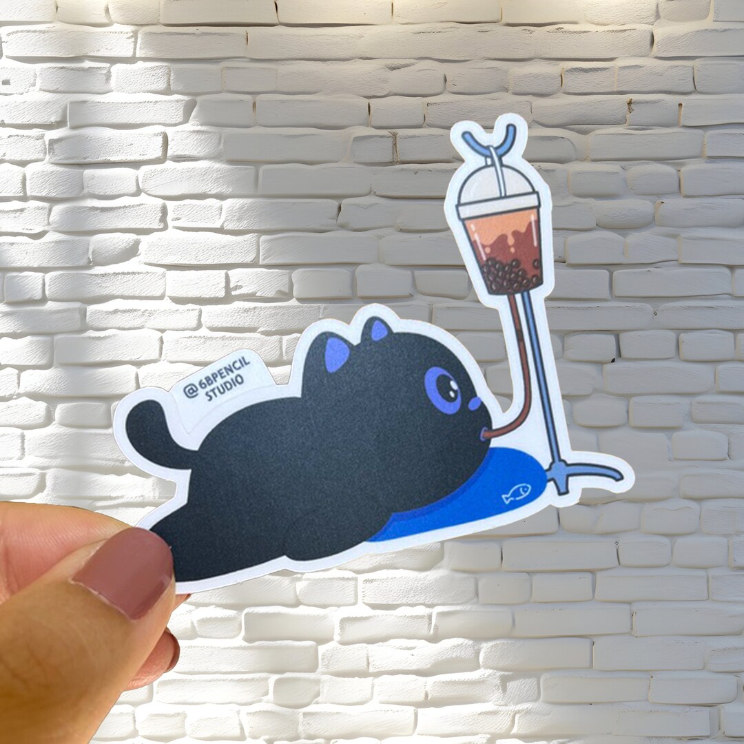 Funny Black Cat Drinking Boba Sticker - Lazy Cat Sticker - Boba for ...
