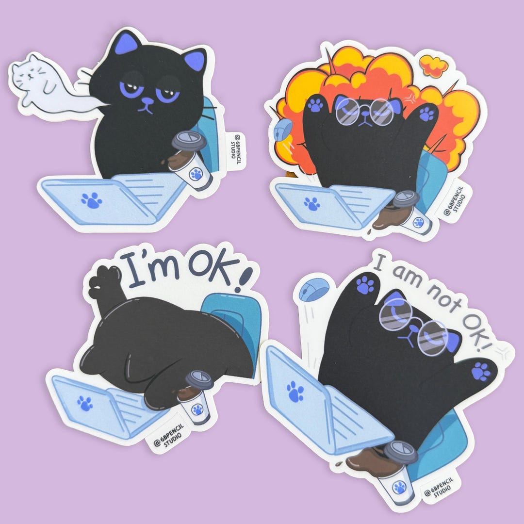 Relatable Workday Funny Black Cat Sticker Pack for Laptop & Journals ...
