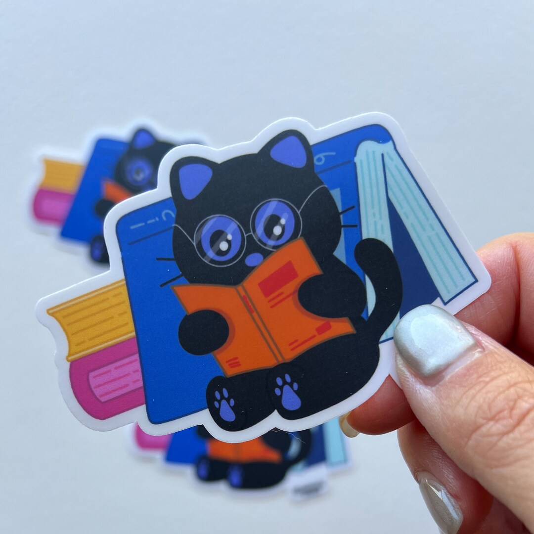 Black Cat Reading Book Sticker - Cute Black Cat Sticker - Book Lover ...