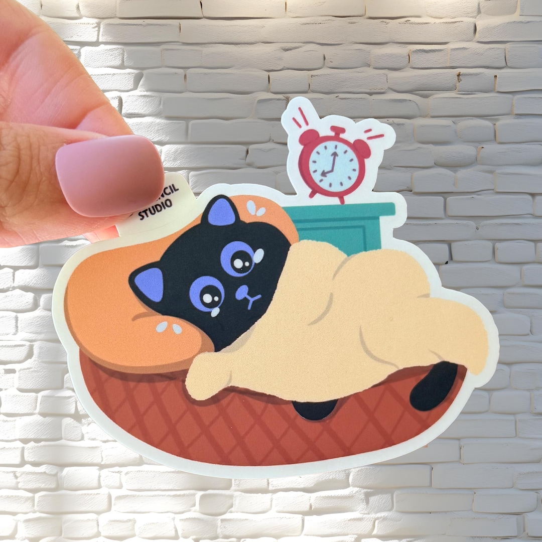 Sleepy Black Cat Alarm Clock Sticker - Cat in the Bed Sticker for ...