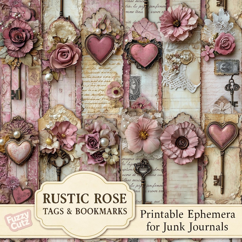 Rustic Rose Tags & Bookmarks – Printable Junk Journal Ephemera ...
