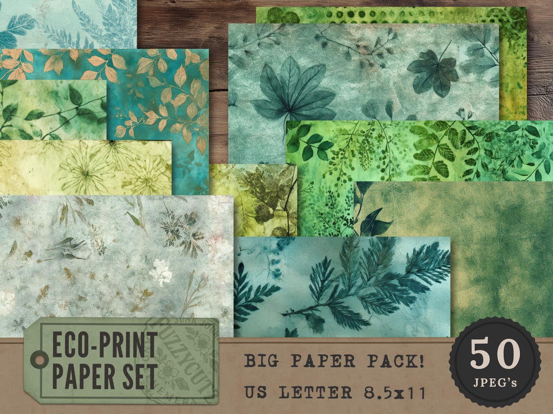 Botanical Eco Print Paper Pack, Teal Green Eco Dyed Digital Papers ...