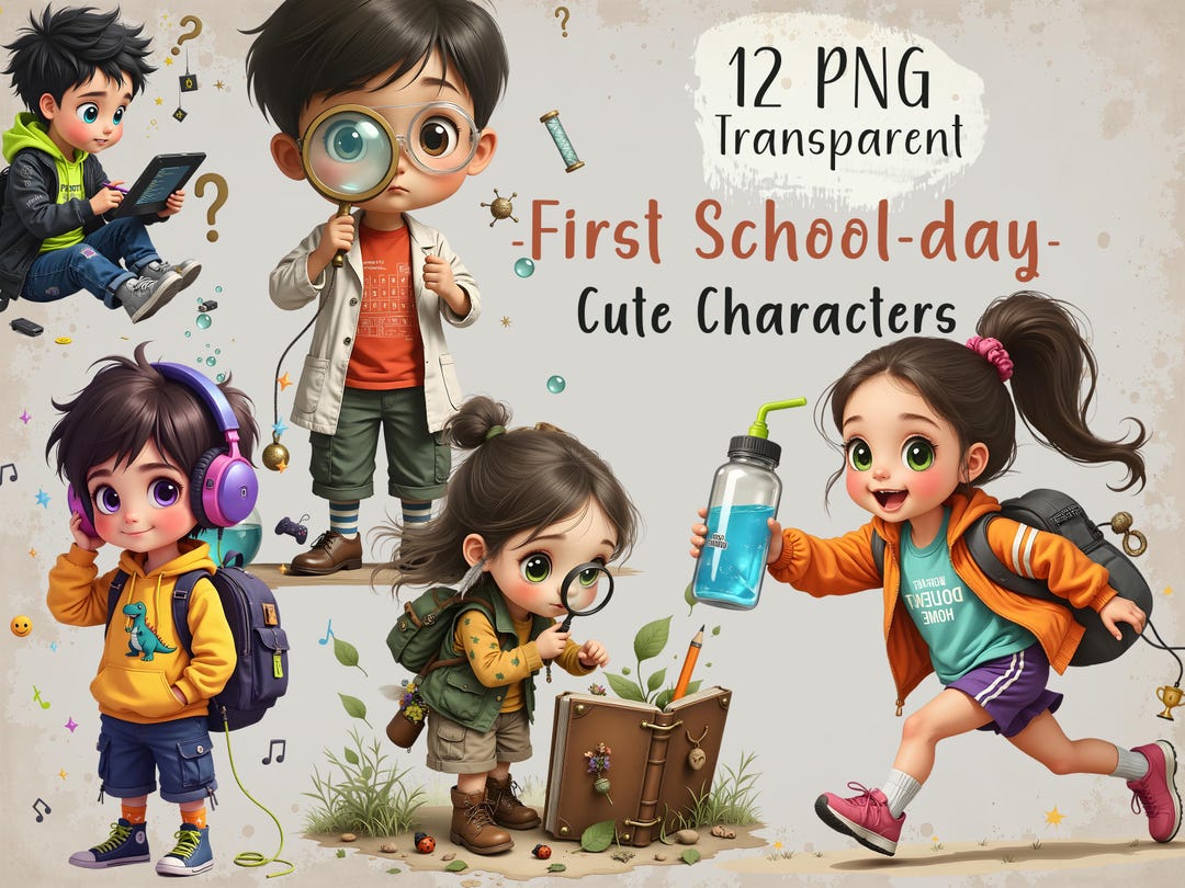 First Day of School Clipart, Cute Chibi Kids PNG Bundle, Printable ...
