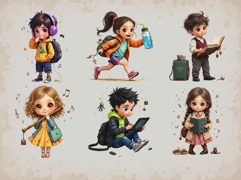 First Day of School Clipart, Cute Chibi Kids PNG Bundle, Printable ...