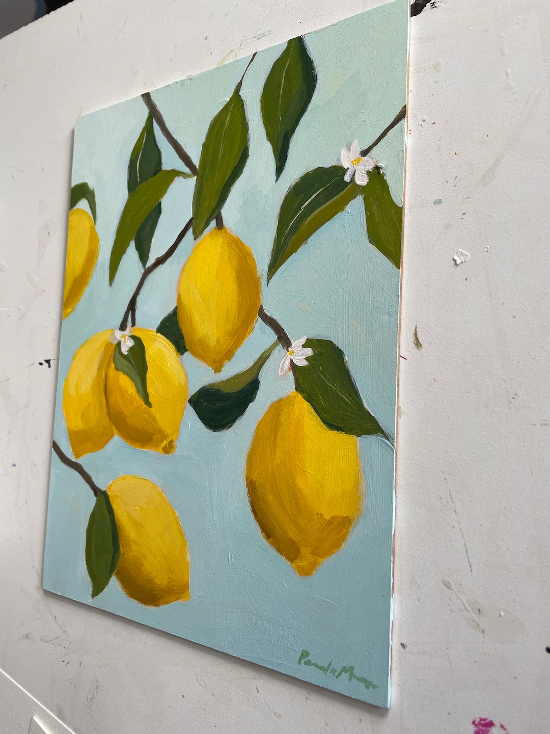 Original Lemon Tree Painting Lemons Turquoise Art Bright Yellow Art9x12 ...