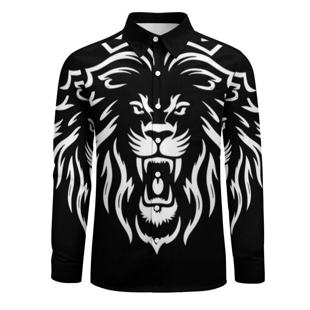 White Lion Print Black Button Down by Caviar Clothing - Etsy