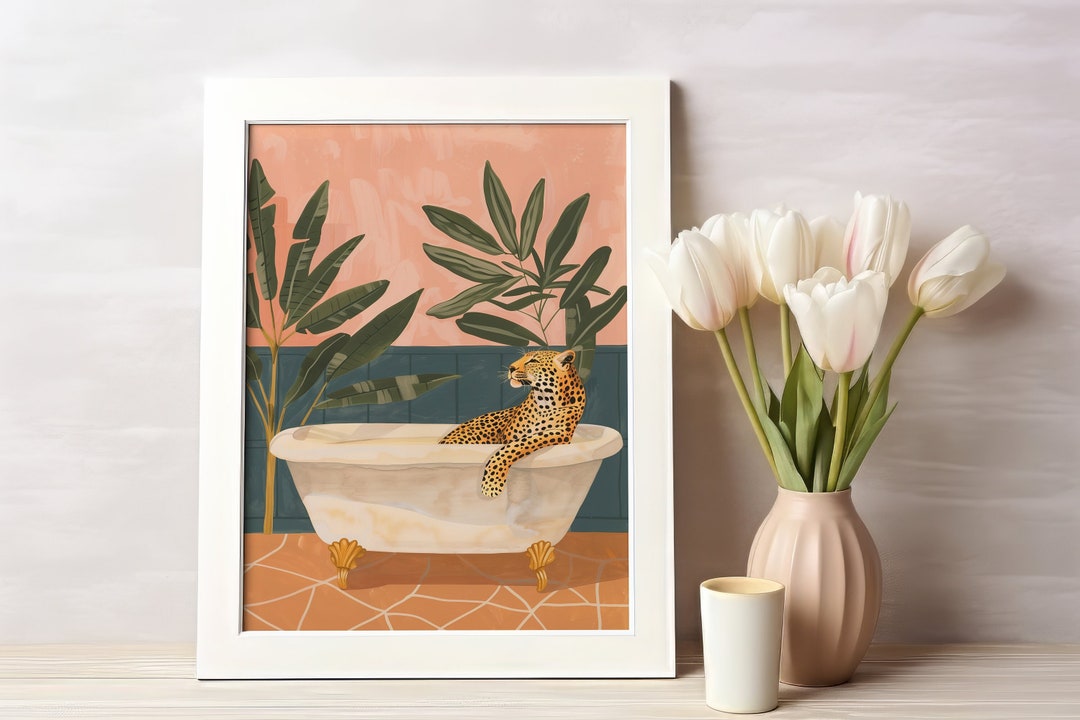 Leopard in Bathtub Tropical Animal Print, Maximalist Safari Wall Art ...