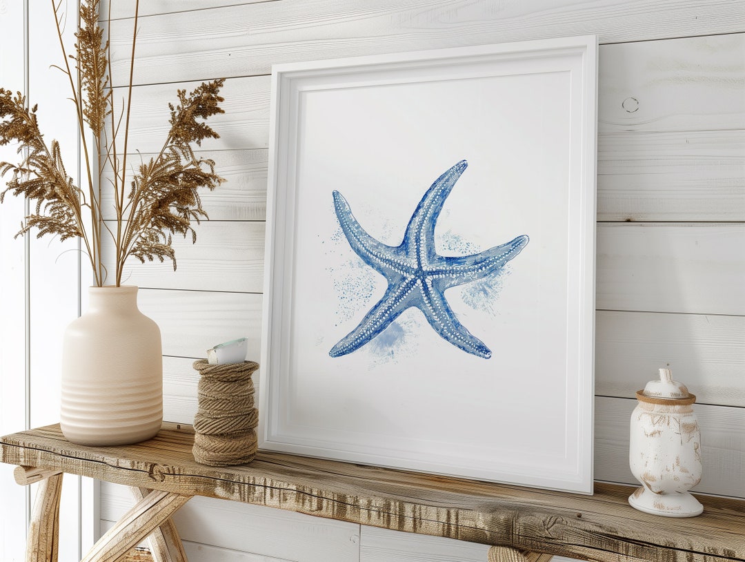 Coastal Starfish Print, Boho Beach House Decor, Trendy Blue Ocean Wall ...
