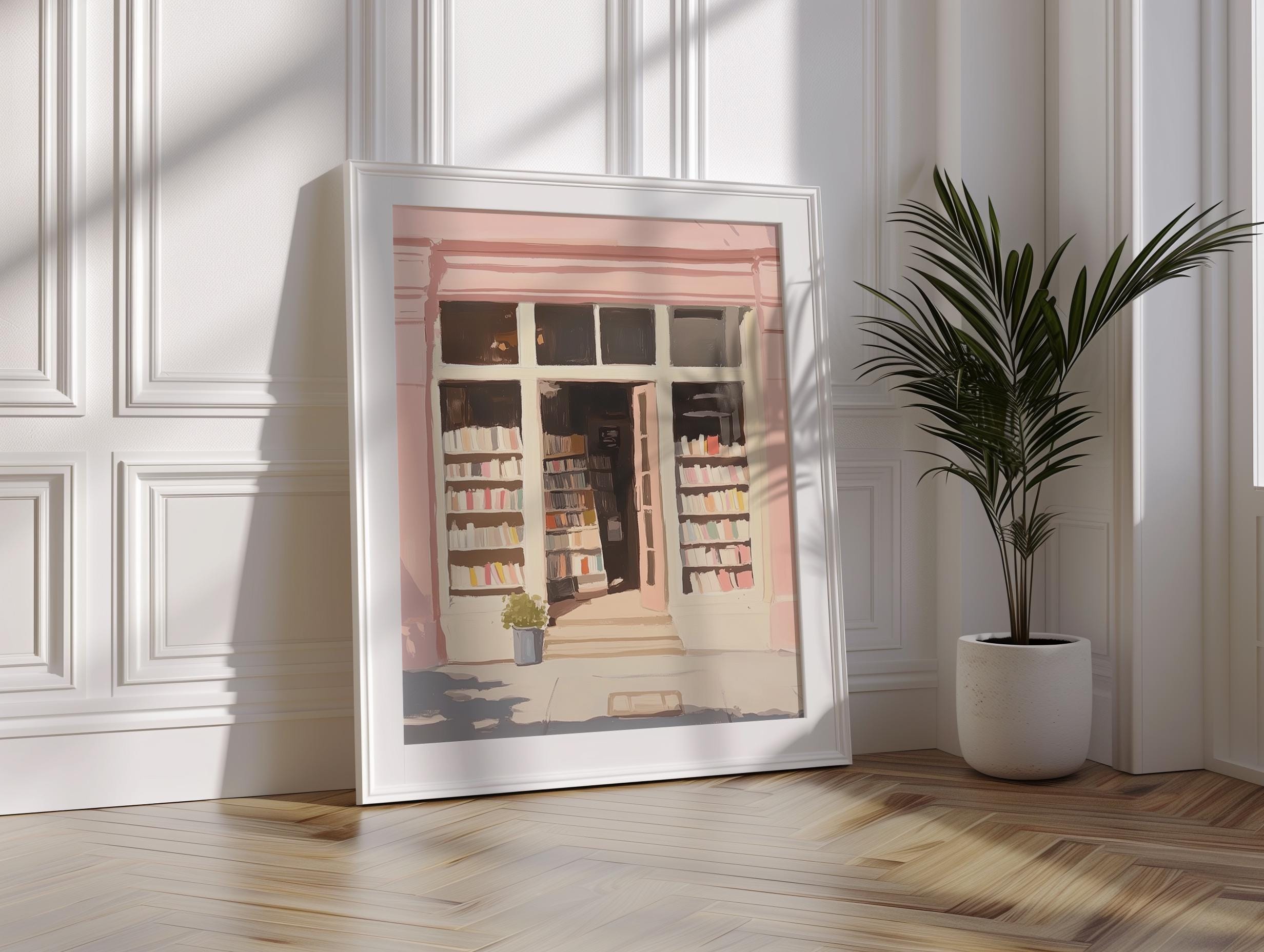 Pink Bookshop Watercolor Art Print, Pastel Academia Decor (digital ...