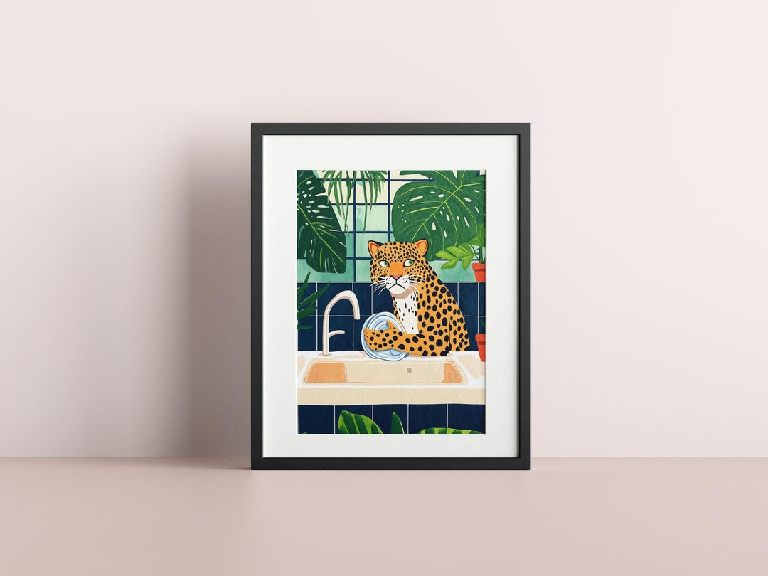 Leopard Doing Dishes Tropical Kitchen Animal Print, Maximalist Funny ...