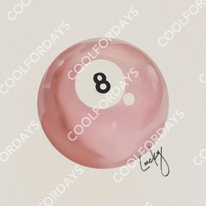 Pink Pool Ball Print, Trendy 8 Ball Wall Art, Retro Hand Drawn Dorm ...