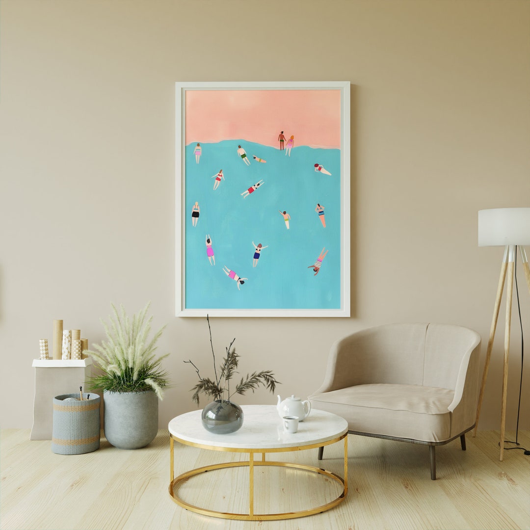 Ocean Swimmers Wall Art, Minimalist People Swimming, Gouache Painting ...