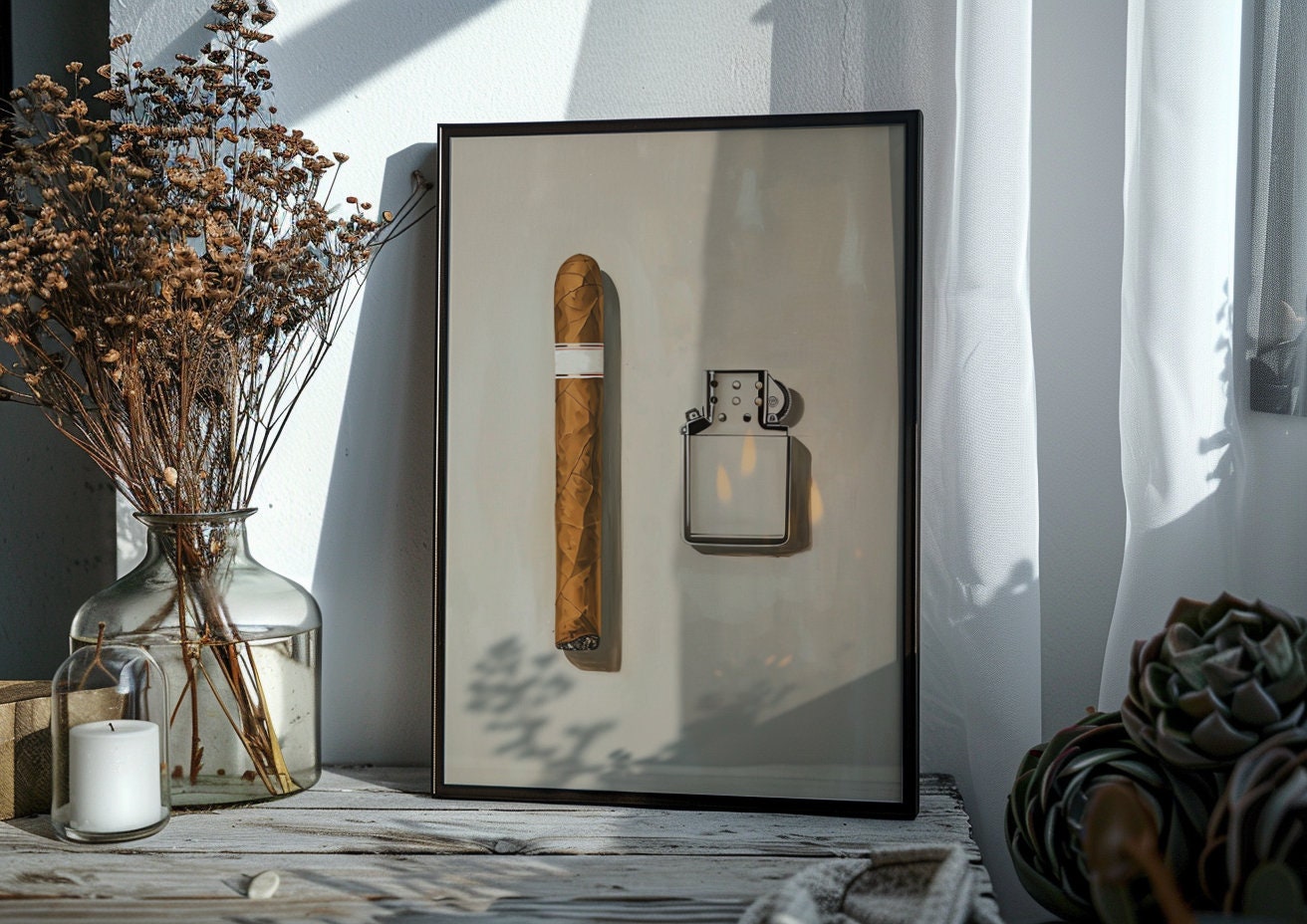 Cigar and Lighter Print, Man Cave Decor, Bar Cart Poster, Smokers ...