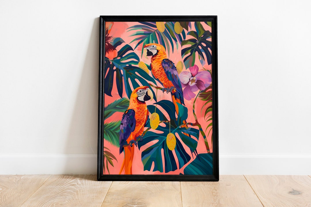Colorful Parrot Jungle Print, Maximalist Safari Animal Wall Art ...