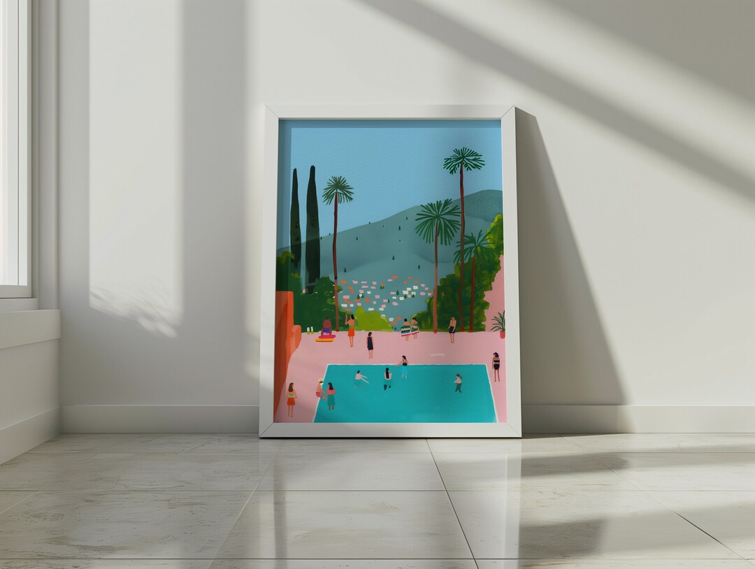 Pool Party Wall Art, Minimalist Gouache Painting, People Swimming ...