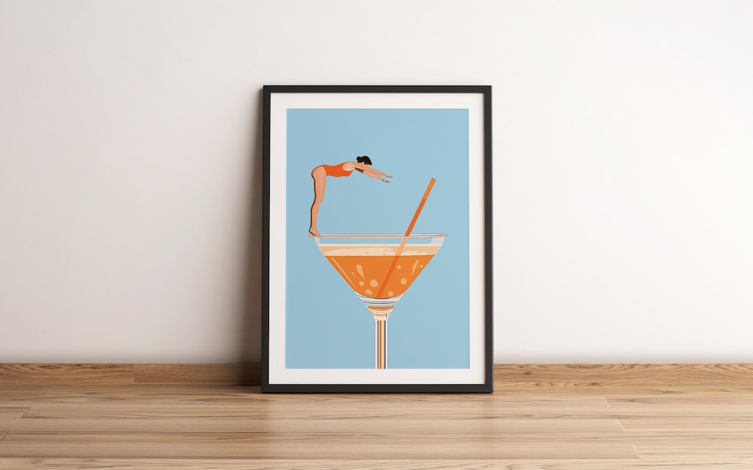 Cocktail Diving Woman Bar Cart Print, Aperol Spritz Poster Decor, Retro ...