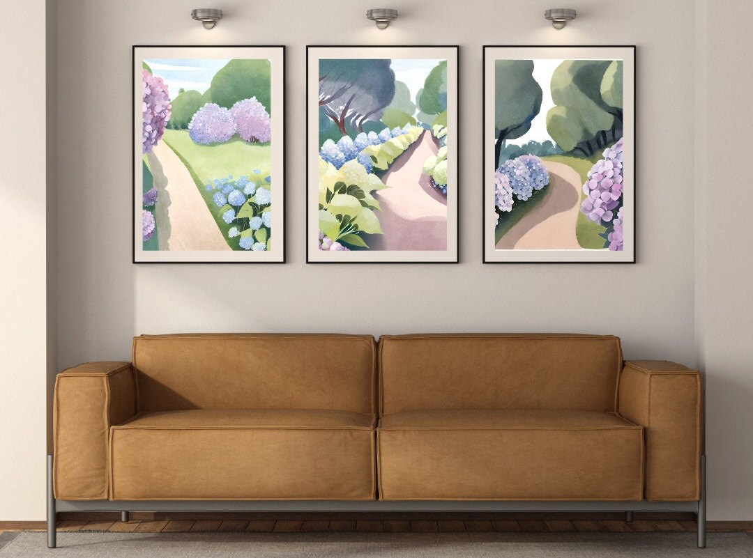 Landscape Set of 3, Color Routes, Paths Lined With Flowers, Oil ...