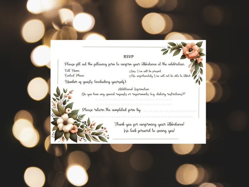 Printable Wedding RSVP Card Template - Floral Response Card, Editable ...
