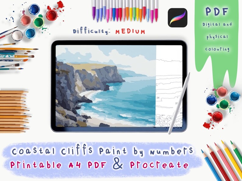 Coastal Cliffs Paint by Numbers A4 PDF – Seaside Landscape Printable – Digital Download ...