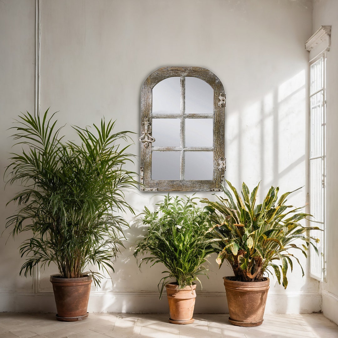 Vintage Wood Window Frame Wall Mirror Metal Wall Decor Arched Window ...