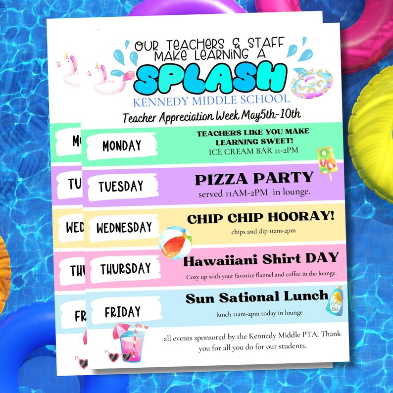 Pool Party Teachers and Staff Week Itinerary | Teacher Appreciation ...