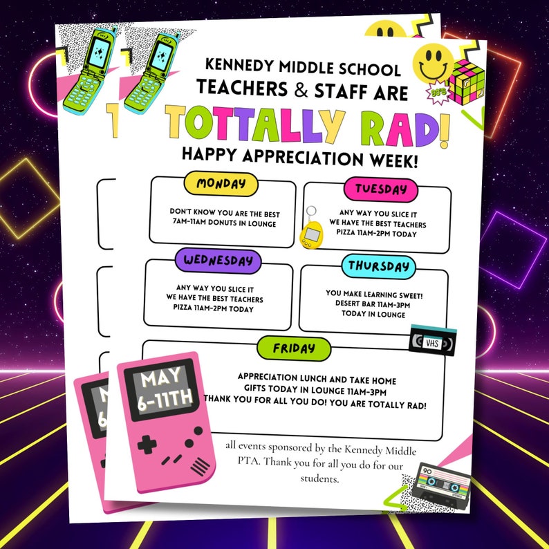 Editable 90s Theme Teacher & Staff Appreciation Itinerary Flyer | 90s ...