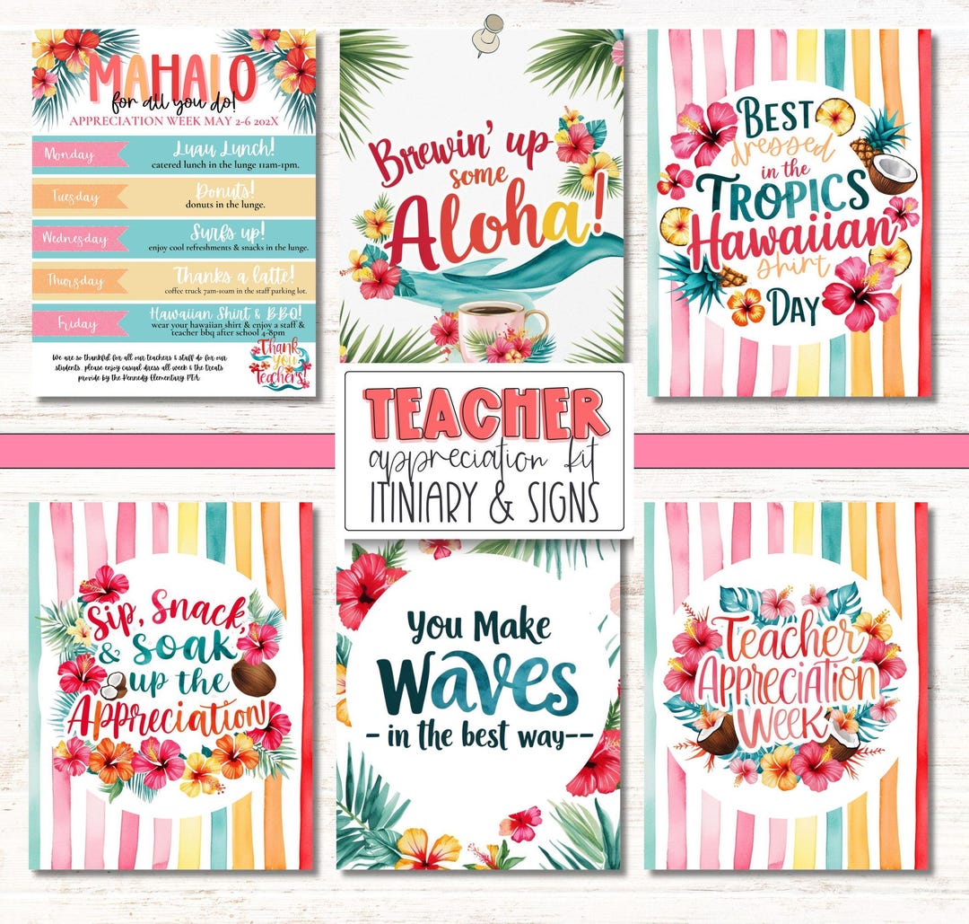 Hawaiian Luau Teacher Appreciation Itinerary & Signs Canva Template - Etsy