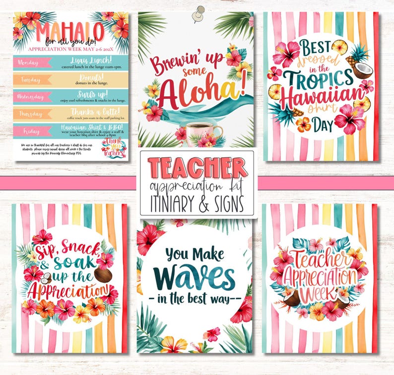 Hawaiian Luau Teacher Appreciation Itinerary & Signs Canva Template - Etsy