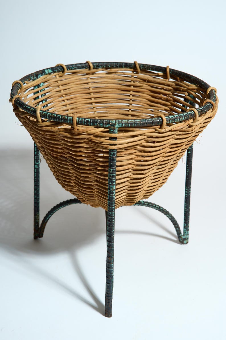 Vintage Circular Woven Rattan Wicker Planter Basket on Metal Rebar ...