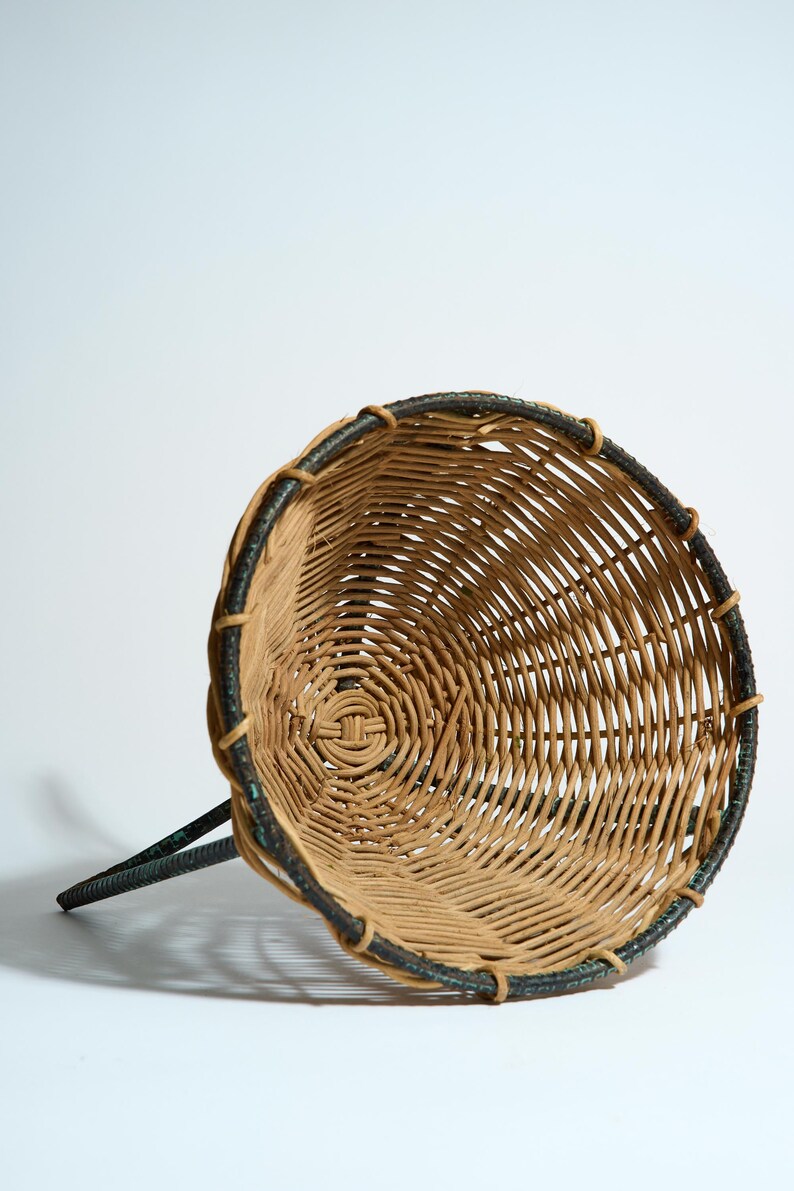 Vintage Circular Woven Rattan Wicker Planter Basket on Metal Rebar ...