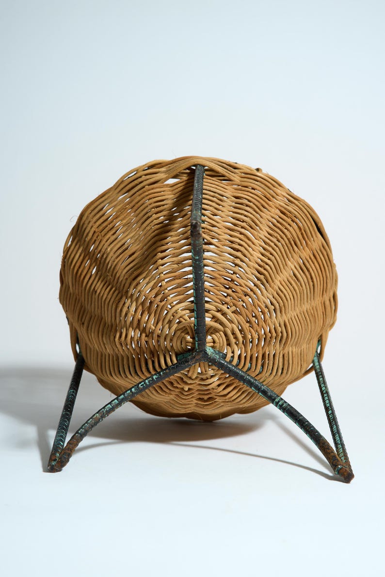Vintage Circular Woven Rattan Wicker Planter Basket on Metal Rebar ...
