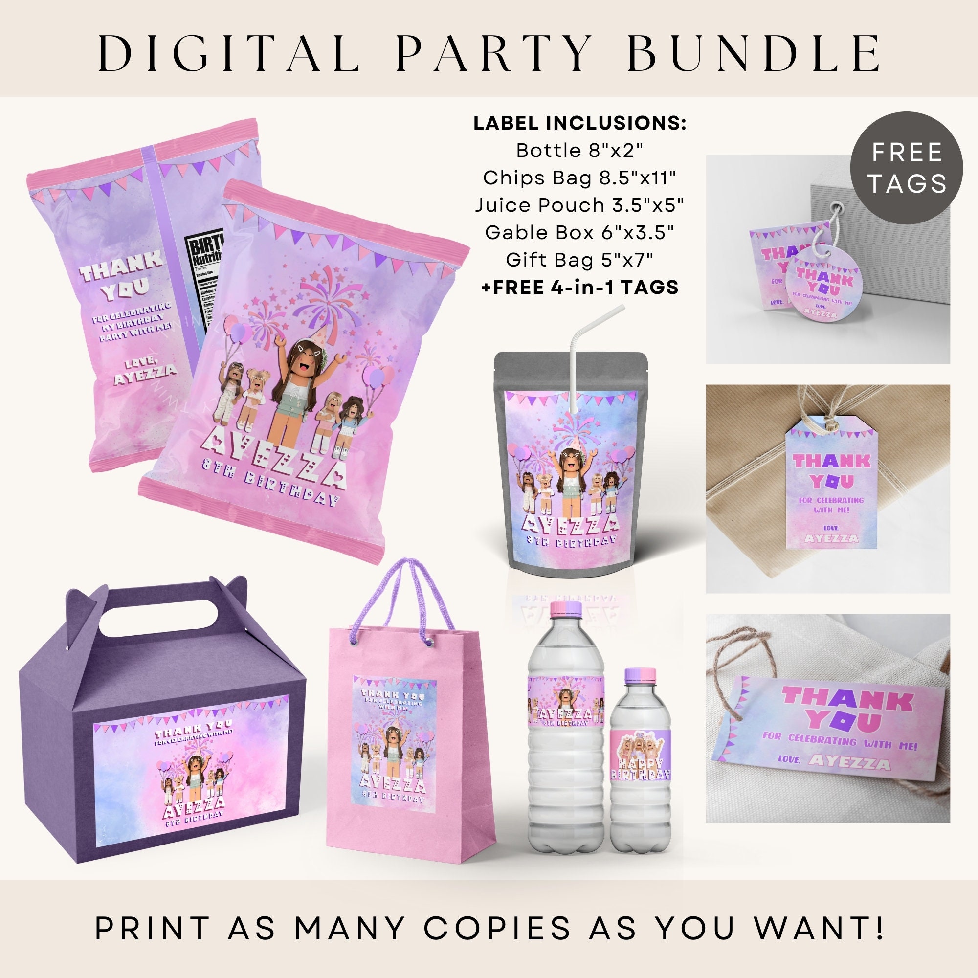 Roblox Girl Party Favors Bundle, FREE 4-in-1 Tags Printable Roblox Girl ...