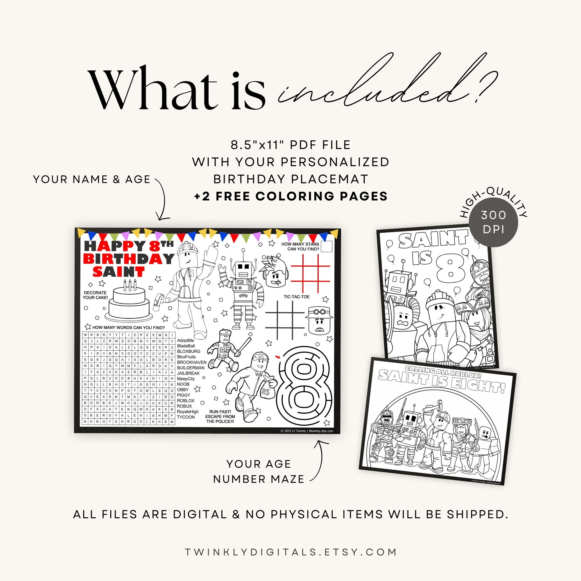 Roblox Boy Birthday Coloring Placemat Party Games DIGITAL DOWNLOAD - Etsy