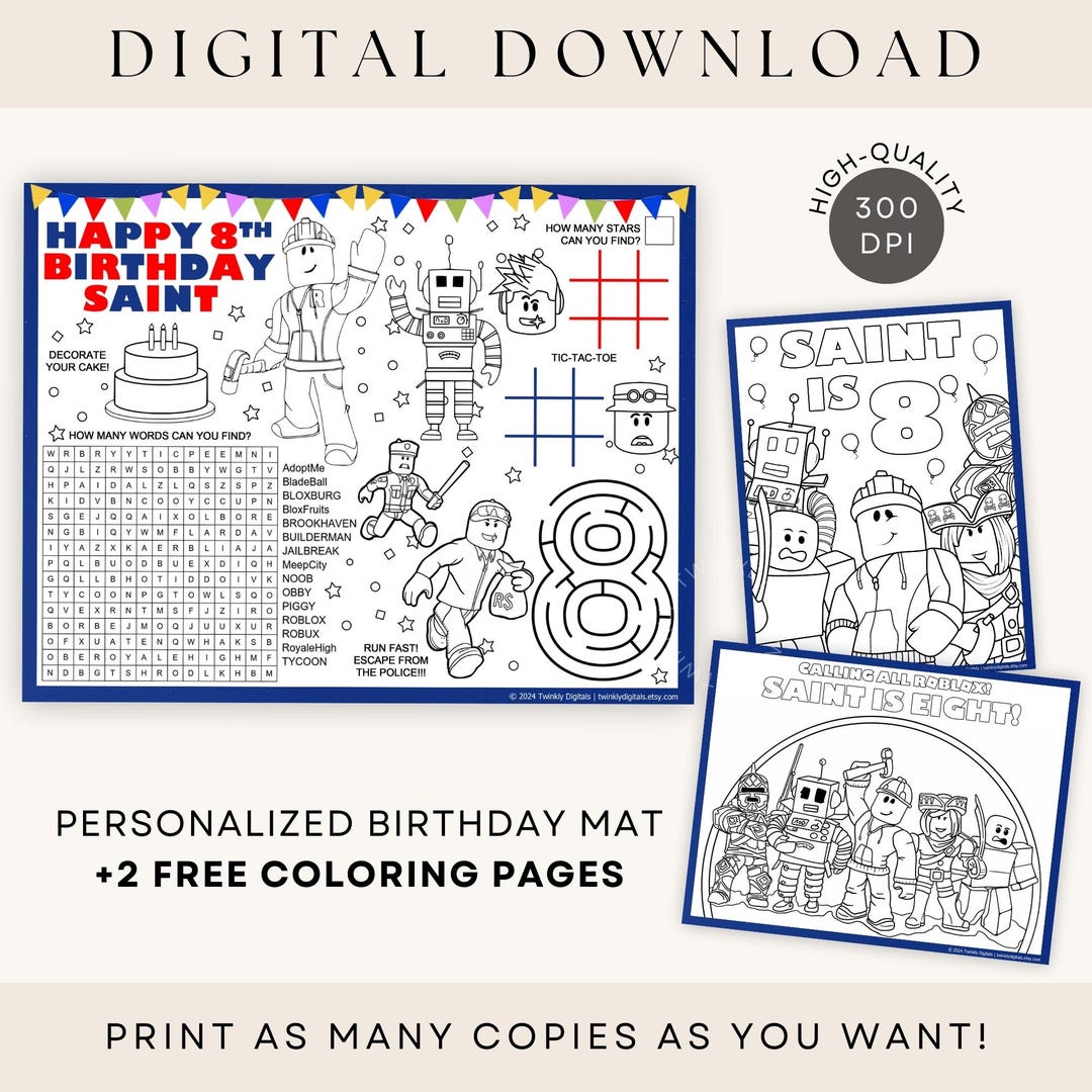Roblox Boy Birthday Coloring Placemat Personalized Printable Activity ...