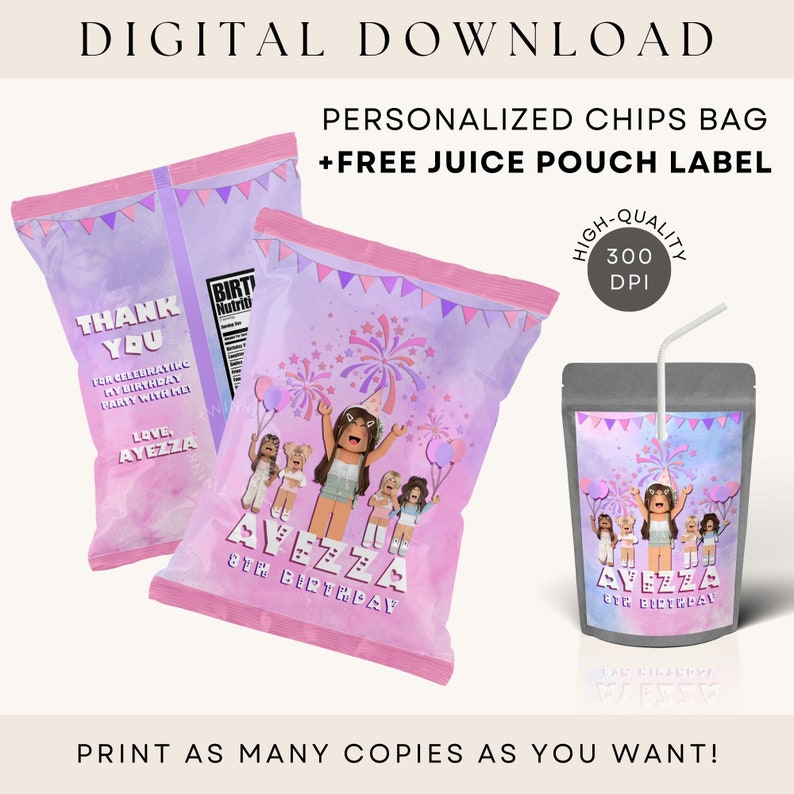Roblox Girl Chips Bag Label FREE Juice Pouch Label Printable Party ...