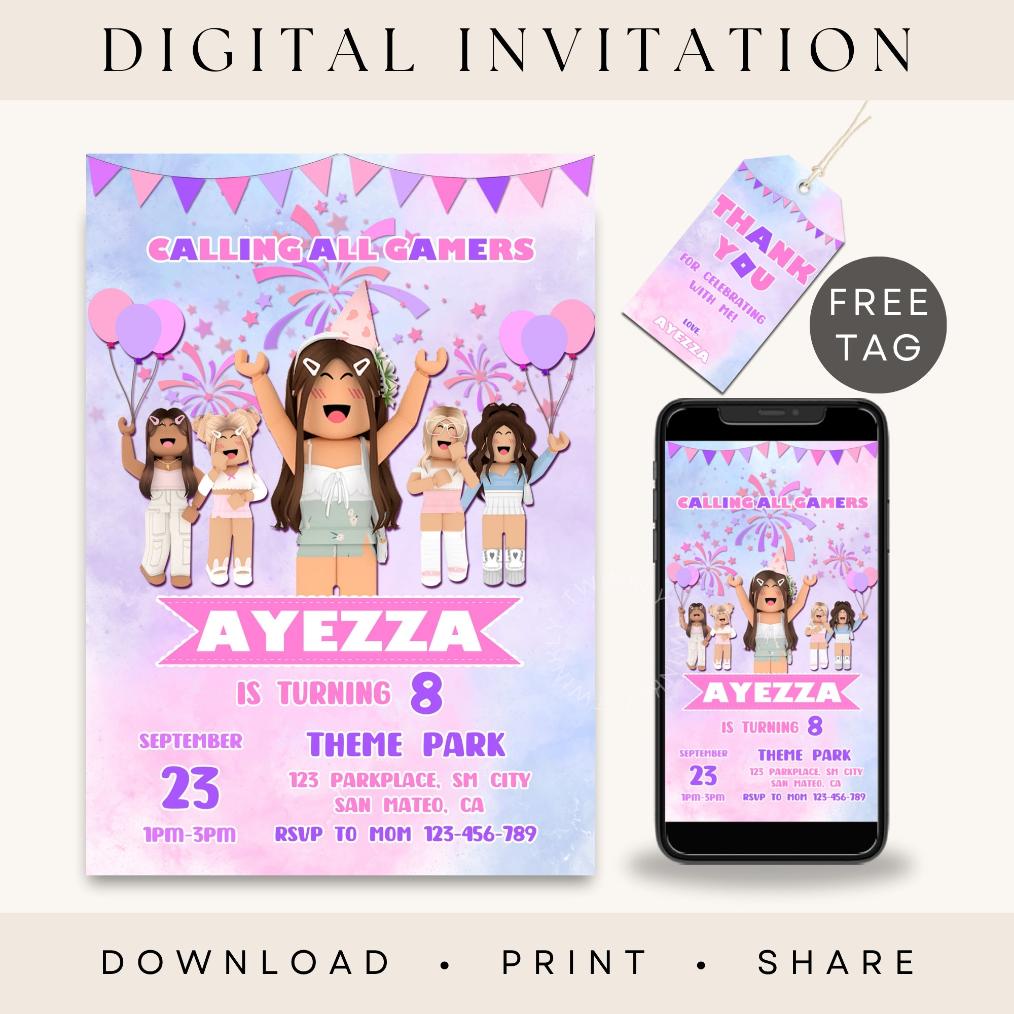 Roblox Girl Birthday Invitation FREE Thank You Tag Evite DIGITAL ...